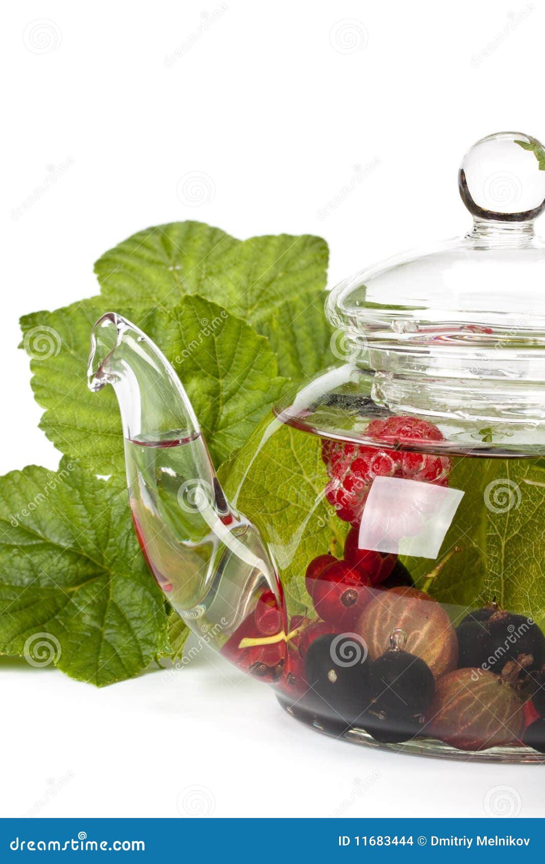 Teapot with Fruit Tea and Green Leaves Stock Photo - Image of currant ...