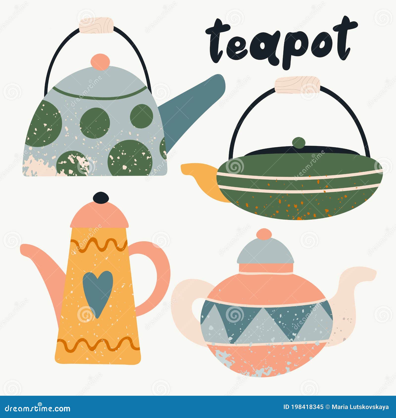 Teapot Set. Hand Drawn Textured Colorful Kitchen Cartoon Ceramic Tea ...