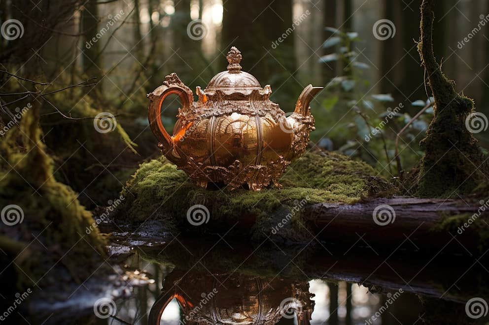 Teapot on Stump, Forest Reflected on Its Shiny Surface Stock Image ...