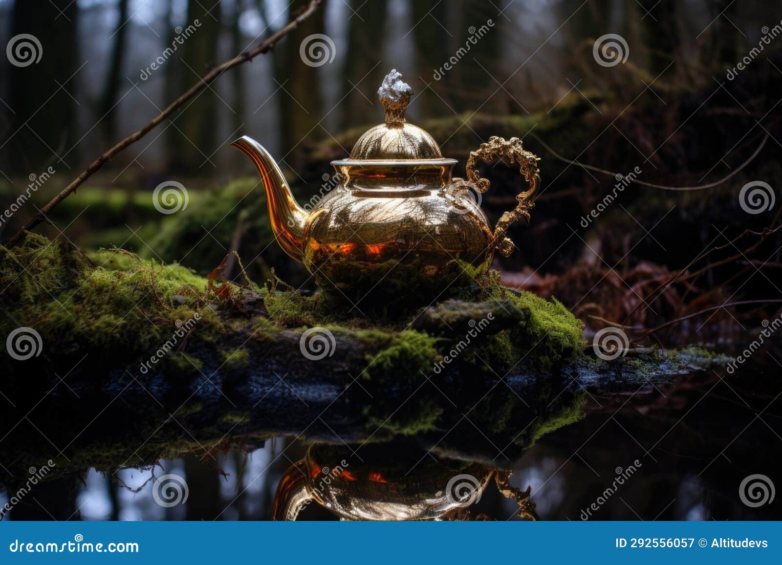 Teapot on Stump, Forest Reflected on Its Shiny Surface Stock Image ...
