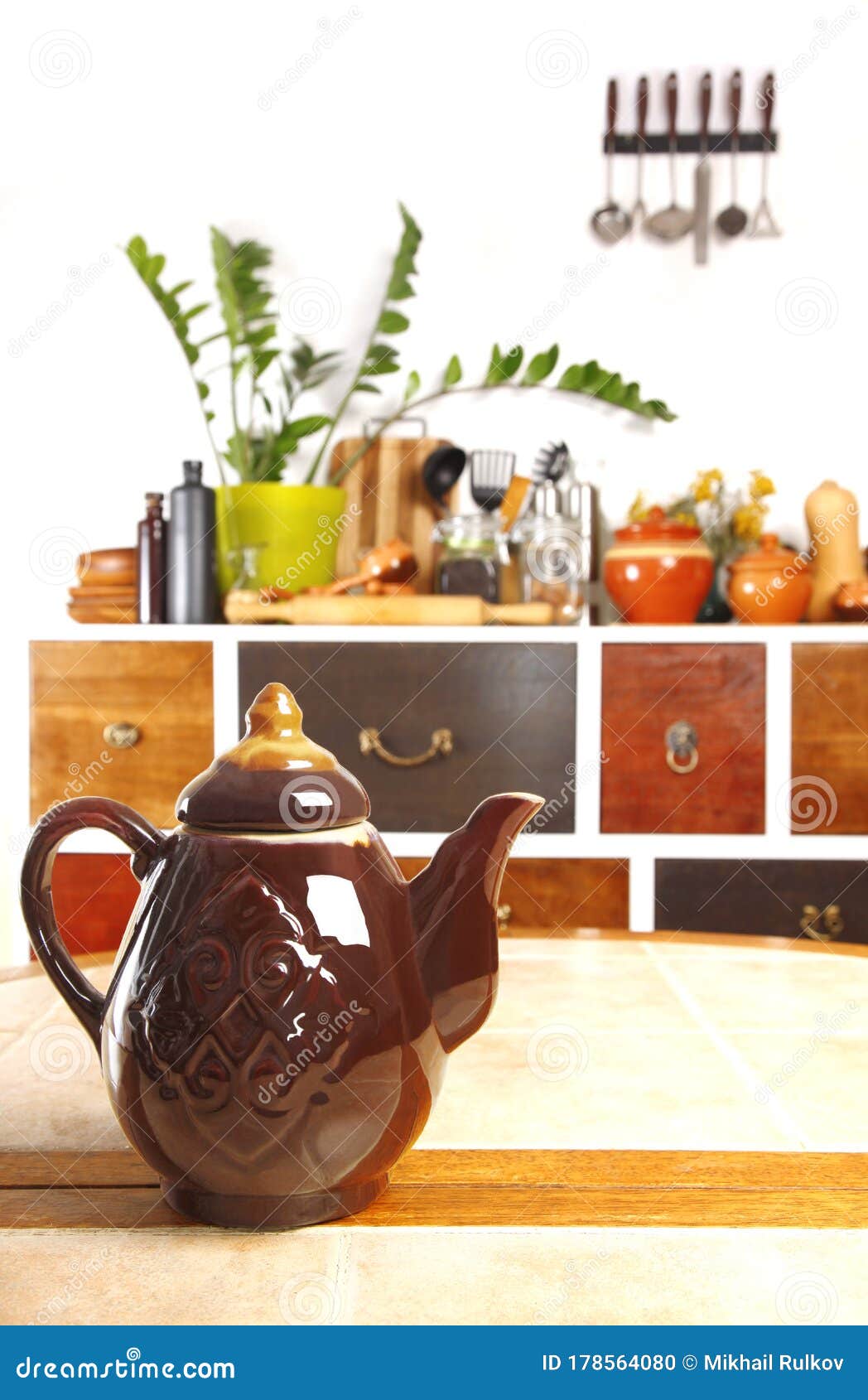 Teapot on the table stock photo. Image of bowl, ladle - 178564080