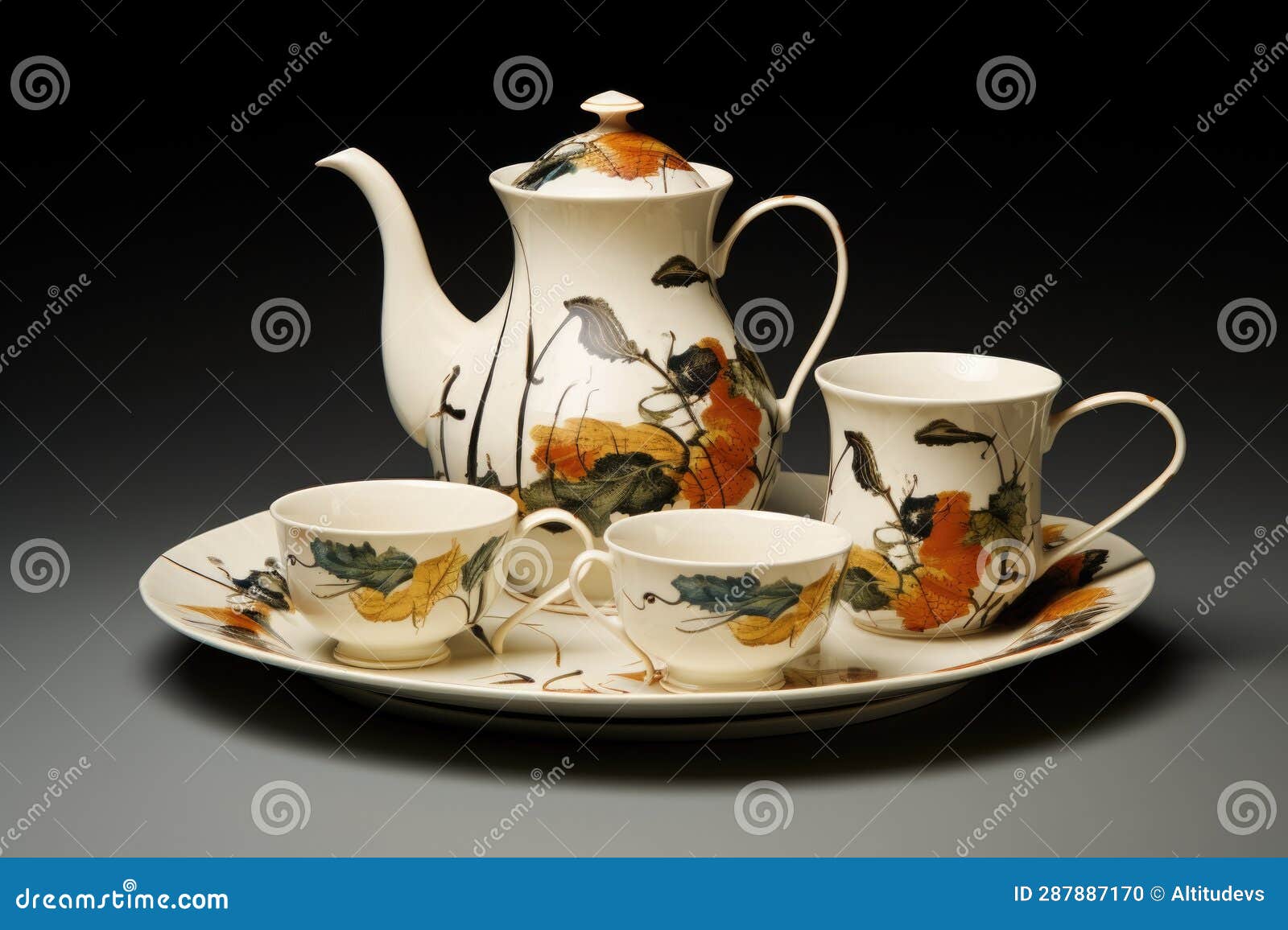 A Teapot, Teacup, and Saucer Arranged on a Tray Stock Photo - Image of ...