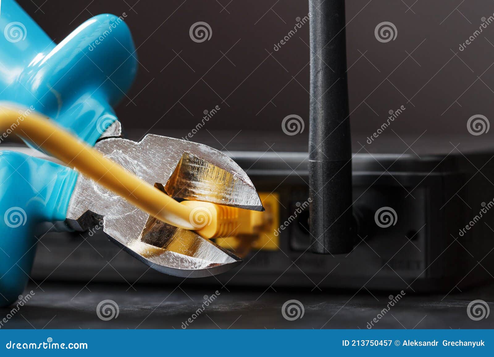 Tearing and Cutting with Blue Wire Cutters the Network Connection of ...