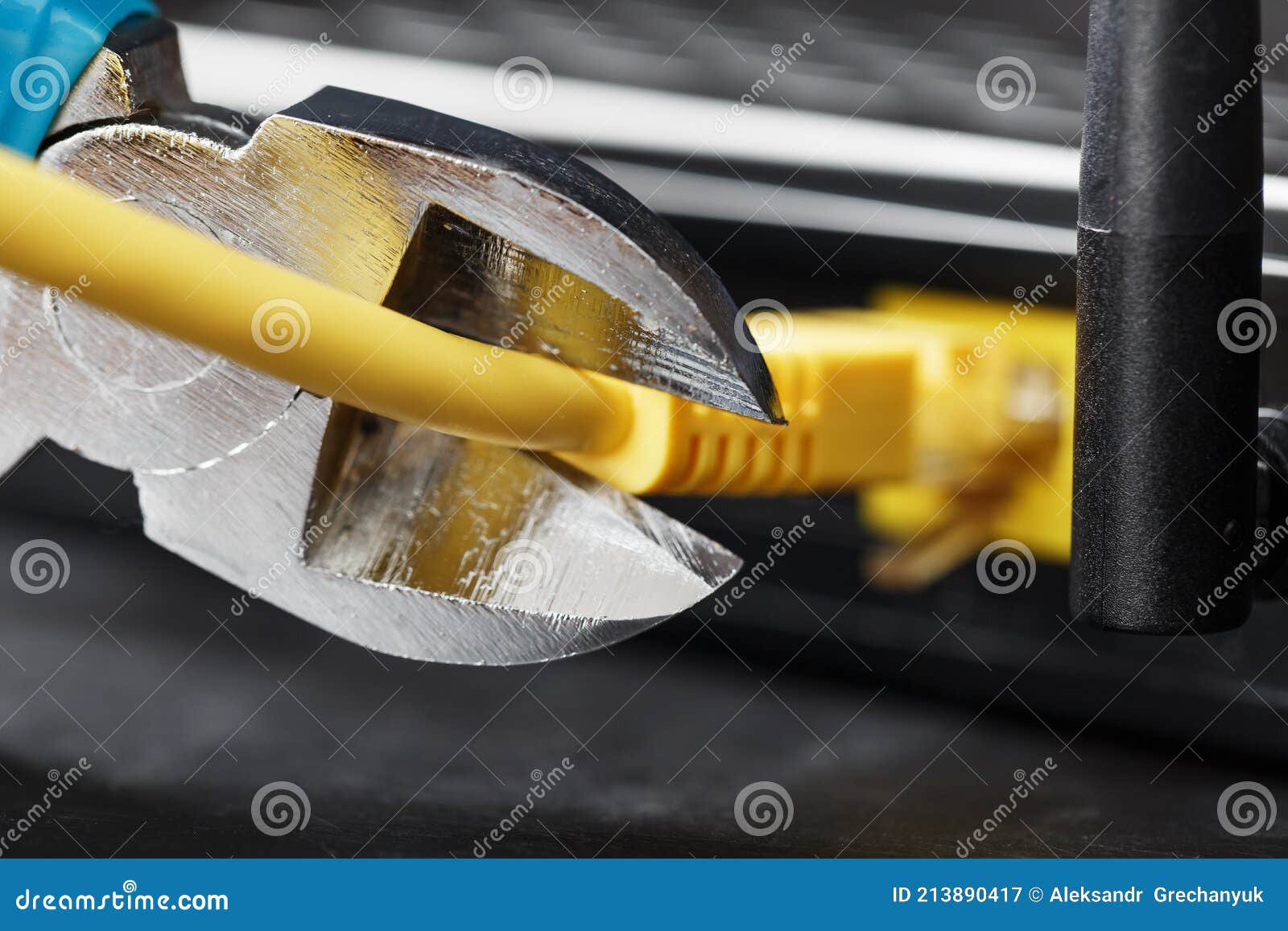 Tearing and Cutting with Blue Wire Cutters the Network Connection of ...