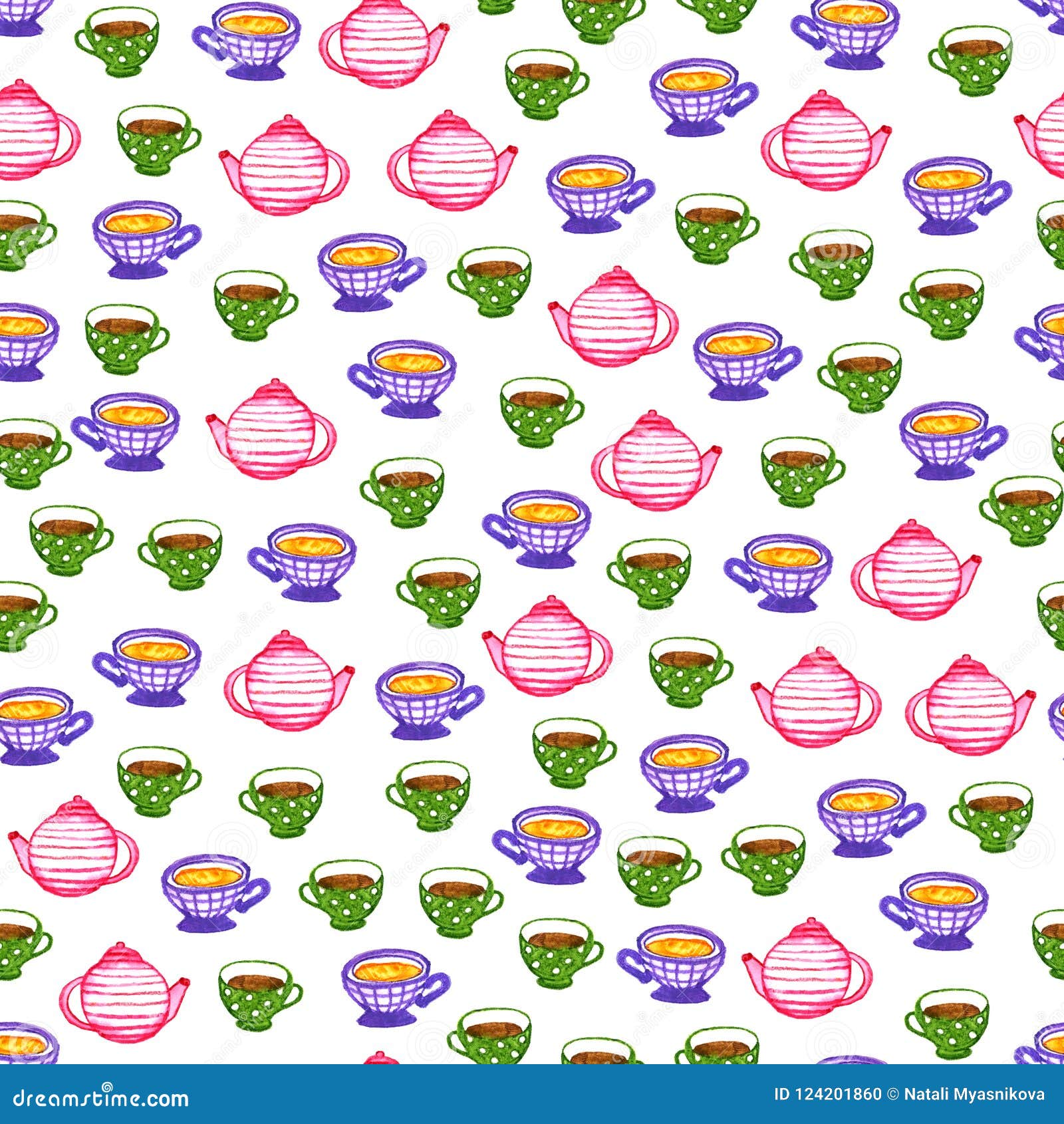 Teatime - Tea Pot, Teacup. Repeating Tea Pattern. Watercolor. Seamless ...