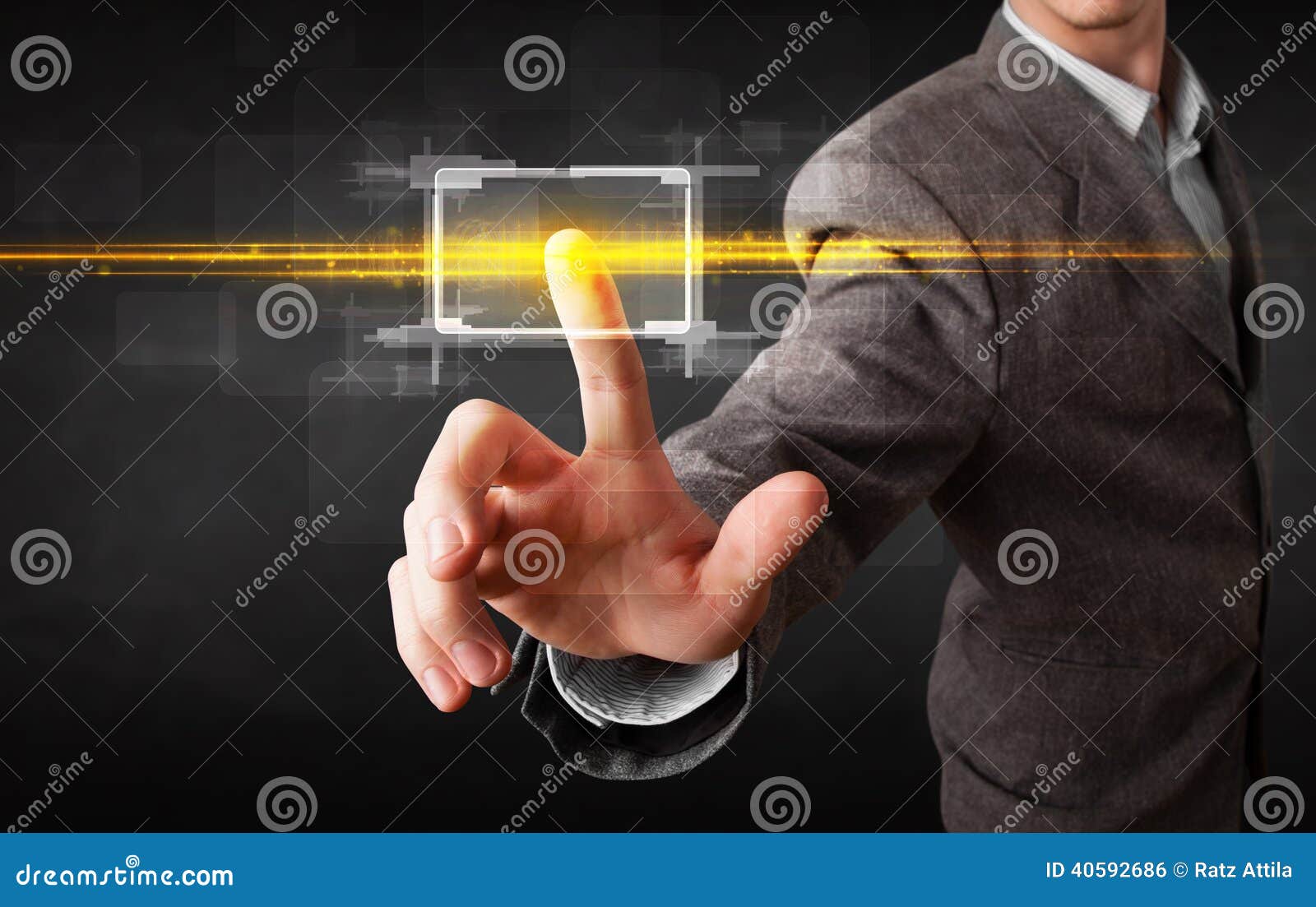 Tech Business Person Touching Button with Orange Light Beams Con Stock ...