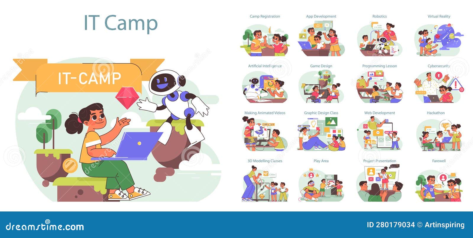 Tech Camp for Children Set. Computer Science, AI, VR Technologies Stock ...