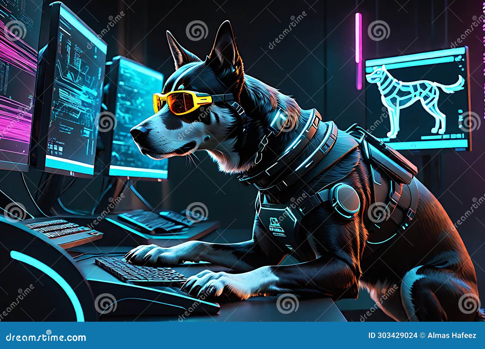 Cyber Dog As a Security Officer in Control Room Stock Illustration ...