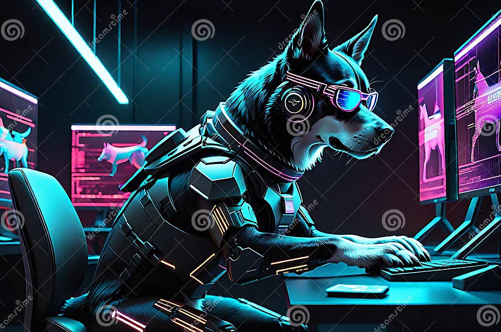 Tech Canine Command: Cybernetic Canine Mounted in Front of a Sleek ...