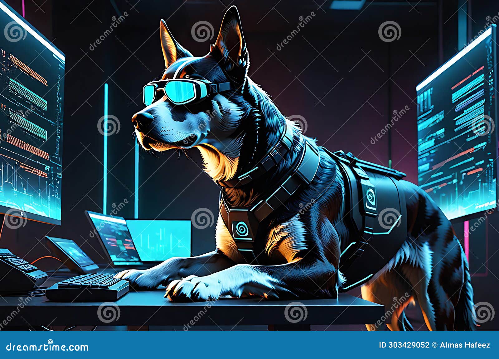 Tech Canine Command: Cybernetic Canine Mounted in Front of a Sleek ...