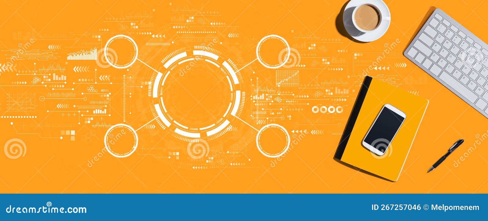 Tech Circle with Computer Keyboard and Office Items Stock Photo - Image ...