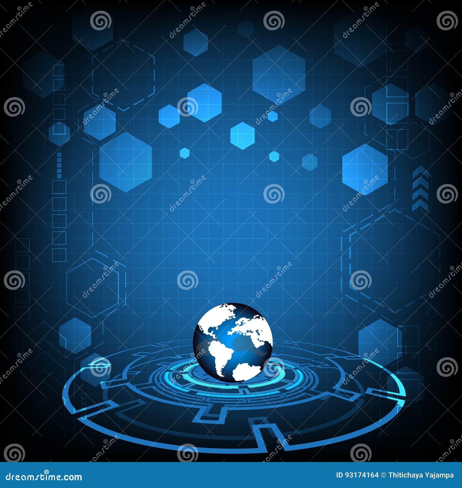 Tech Circle and Earth Globe Vector Design on Blue Background. Stock ...