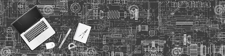 Tech Concept with Laptop.Technical Drawing Background.Mechanical ...