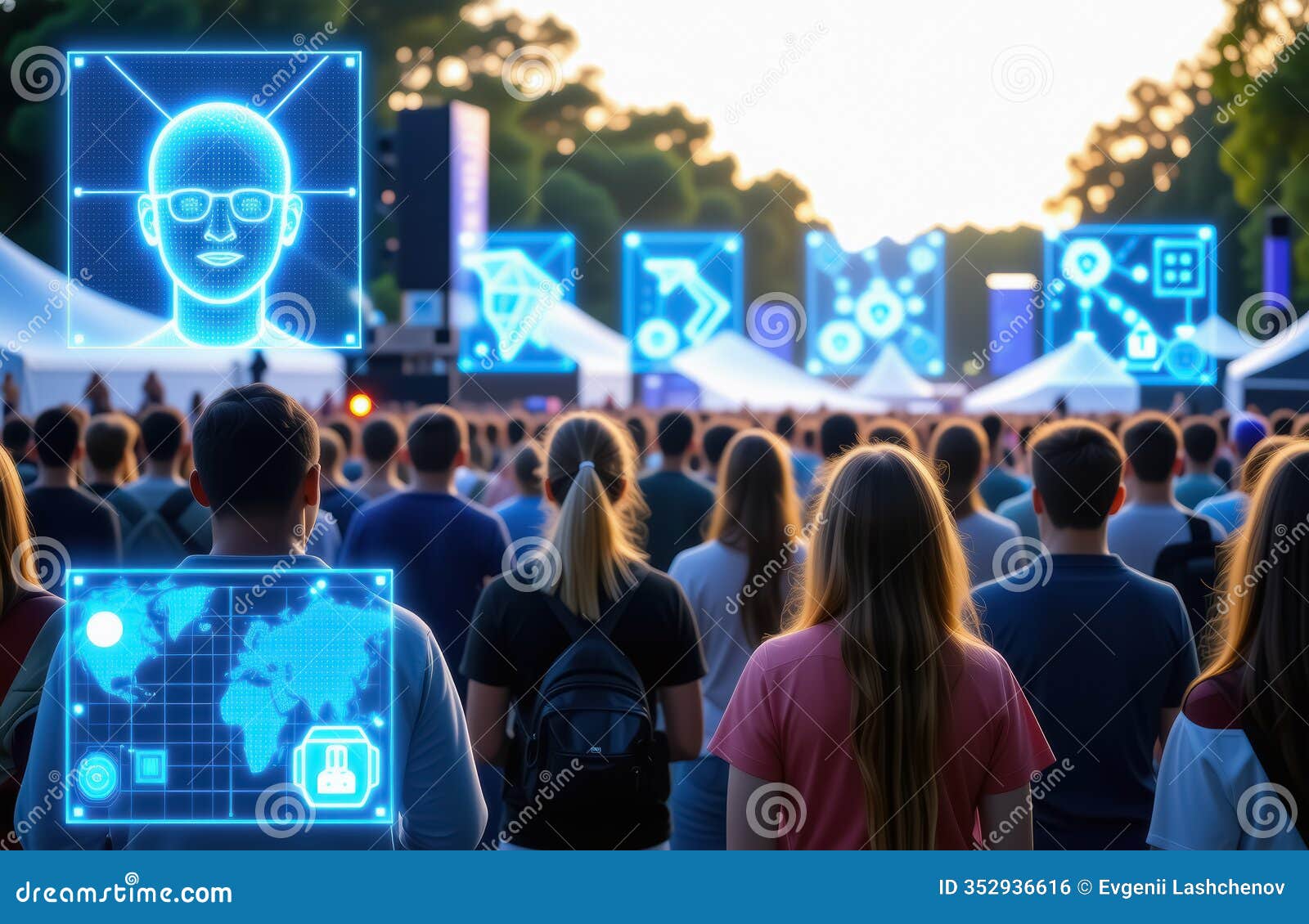 Tech Conference Crowd Viewing Digital Displays in Outdoor Setting. AI ...
