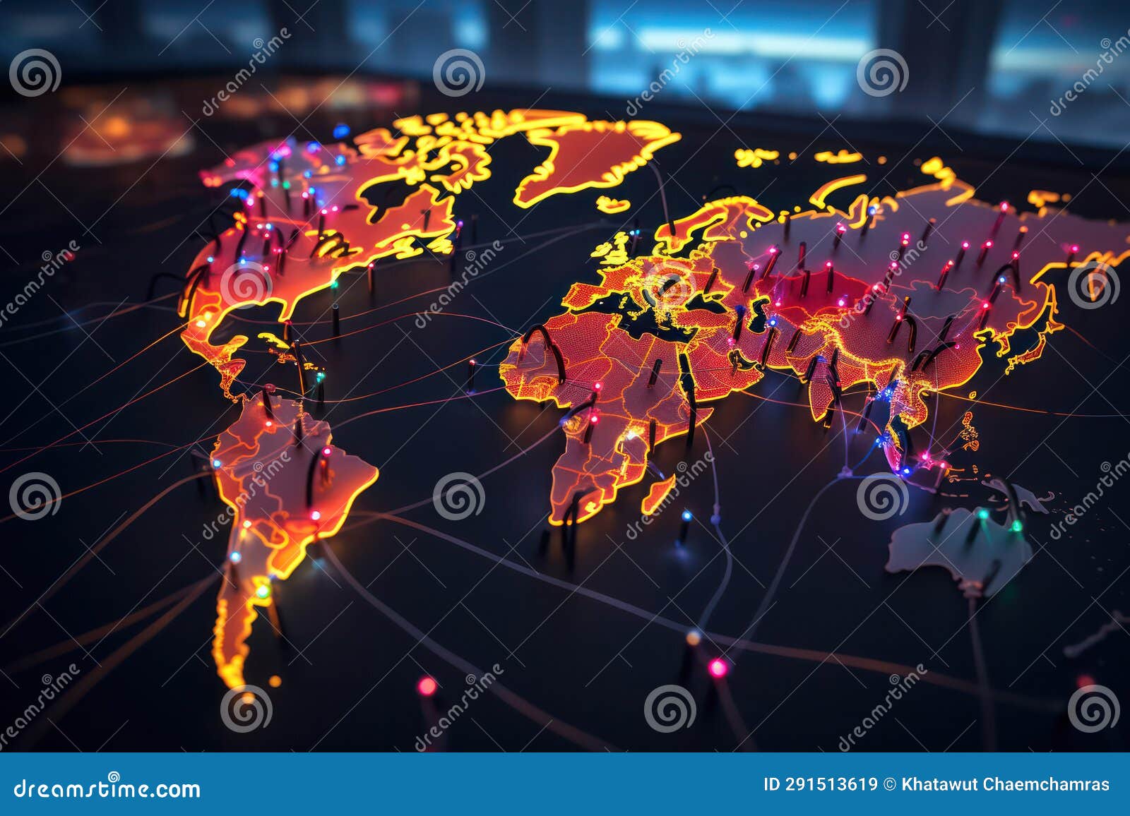 Tech-Connected Globe: World Map with Pins on a Futuristic Technology ...