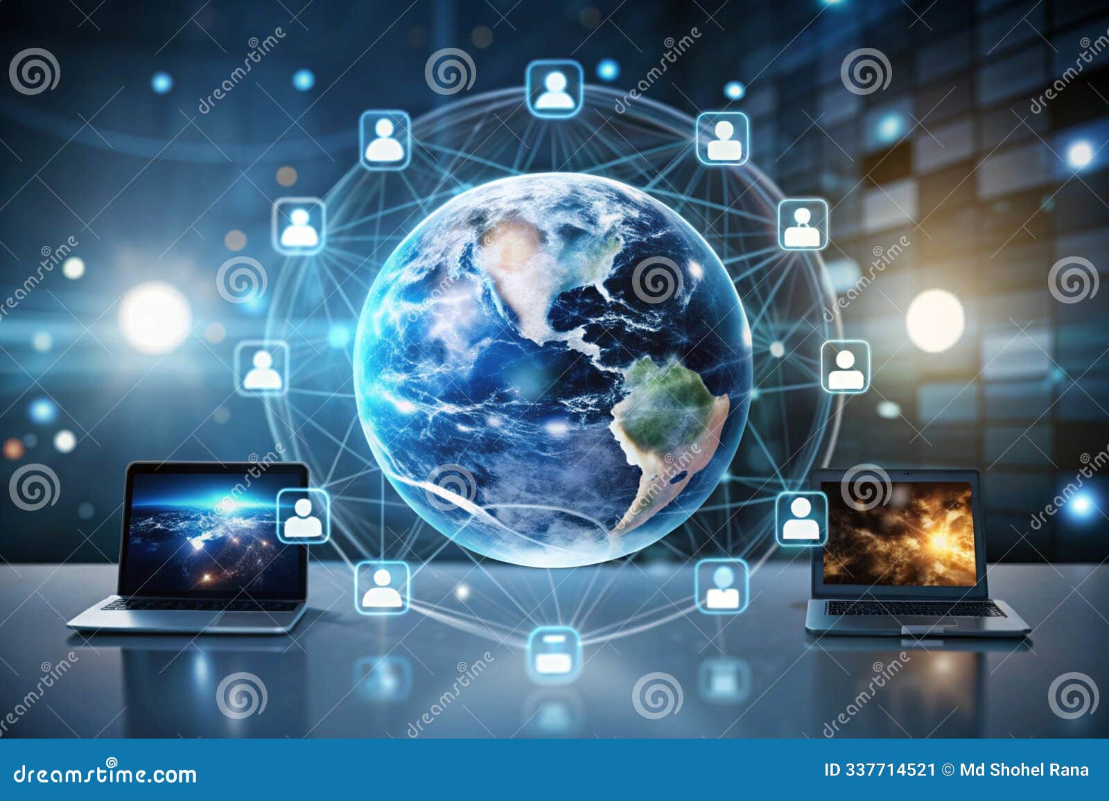 Tech Devices and Icons Connected on Digital Planets Stock Illustration ...