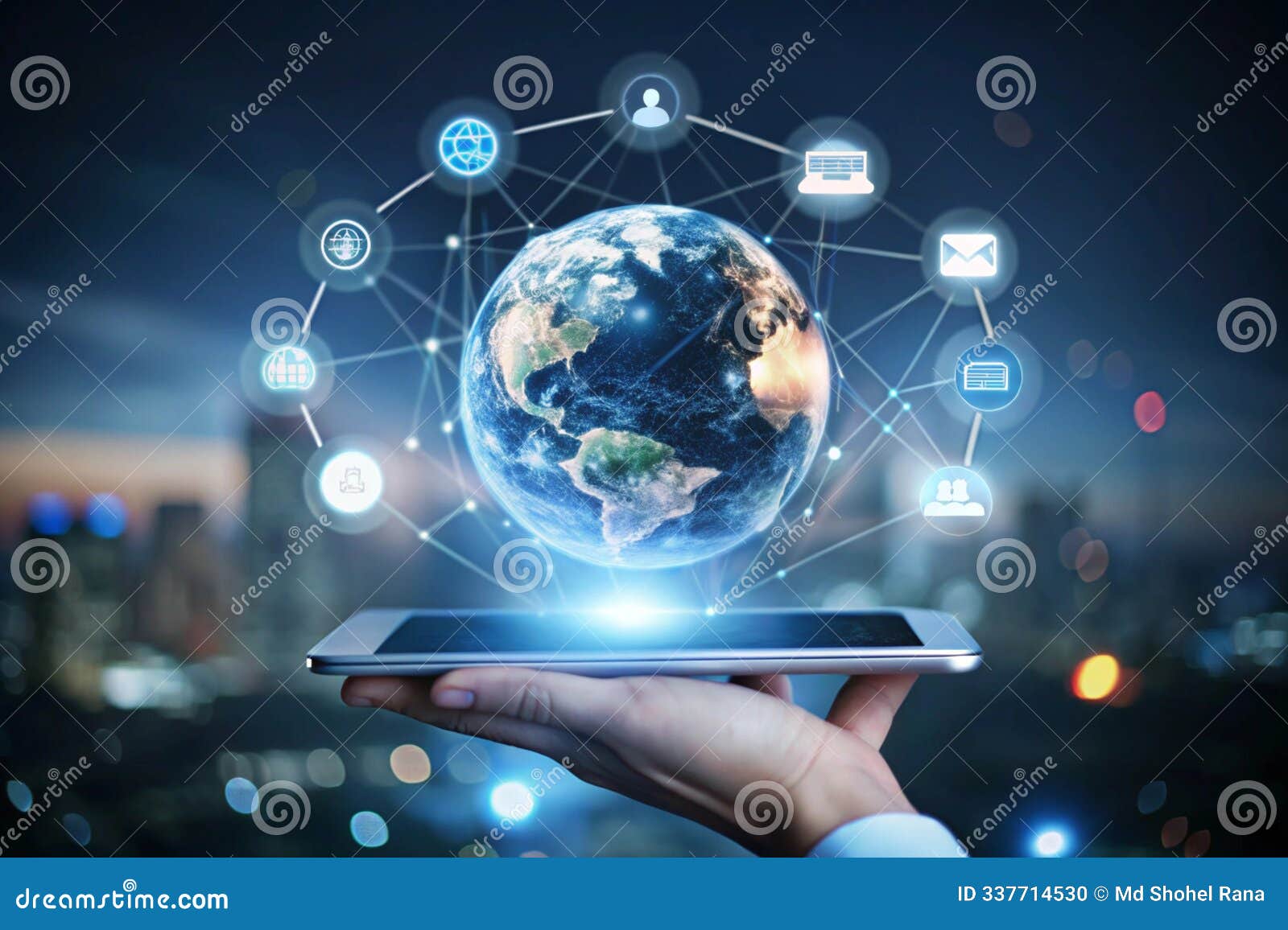 Tech Devices and Icons Connected on Digital Planets Stock Illustration ...