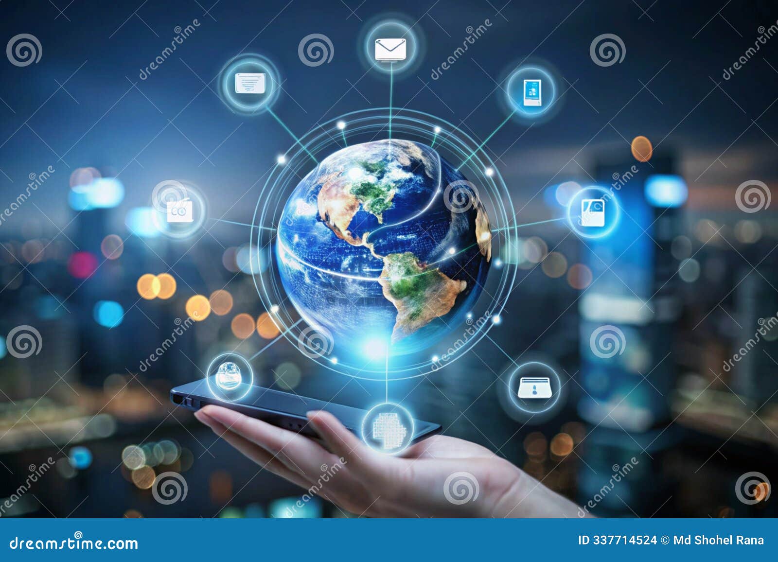 Tech Devices and Icons Connected on Digital Planets Stock Illustration ...