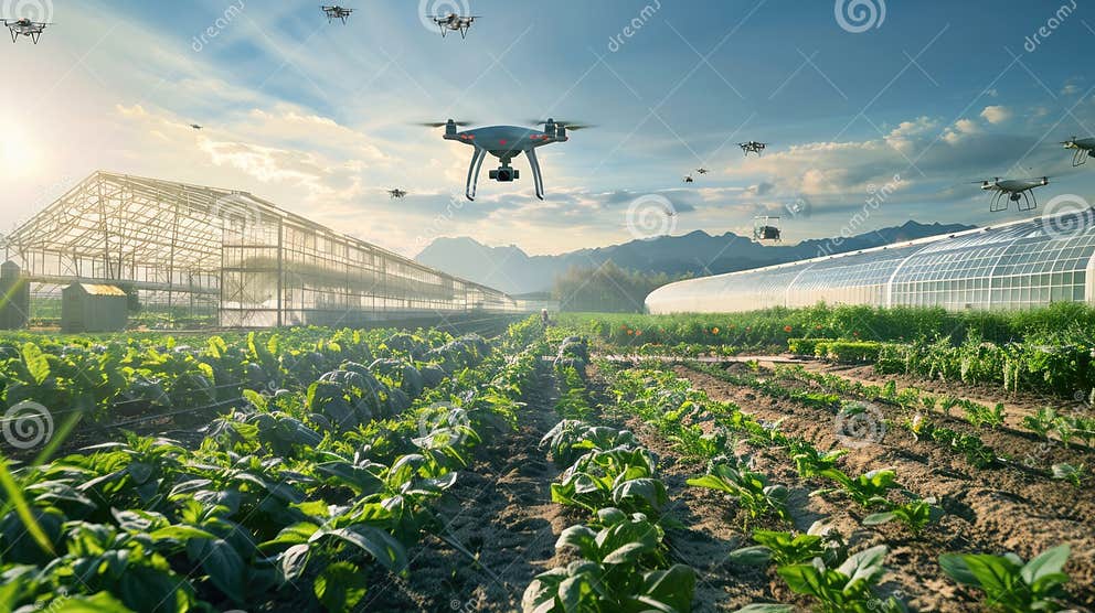 Tech-driven Agriculture with Drones Over a Smart Farm, Highlighting Zero Carbon Efficiency. Zero ...