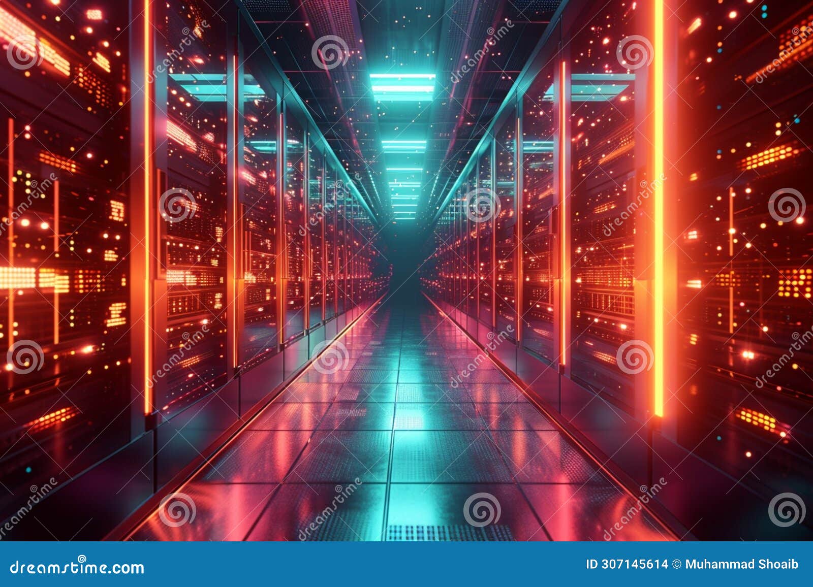 Tech Driven Infrastructure 3D Rendered Server Room with Vibrant Data ...