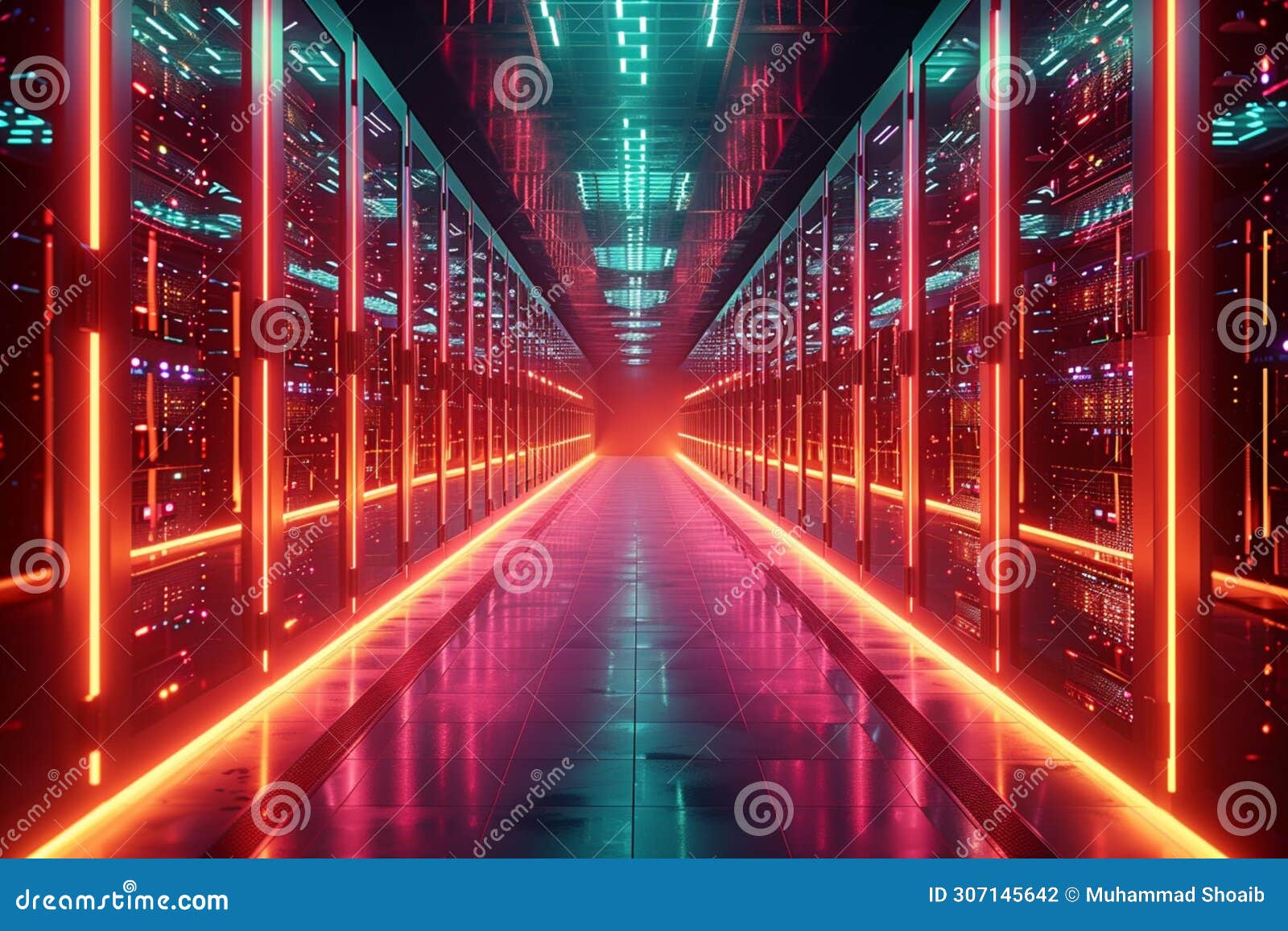 Tech Driven Infrastructure 3D Rendered Server Room with Vibrant Data ...