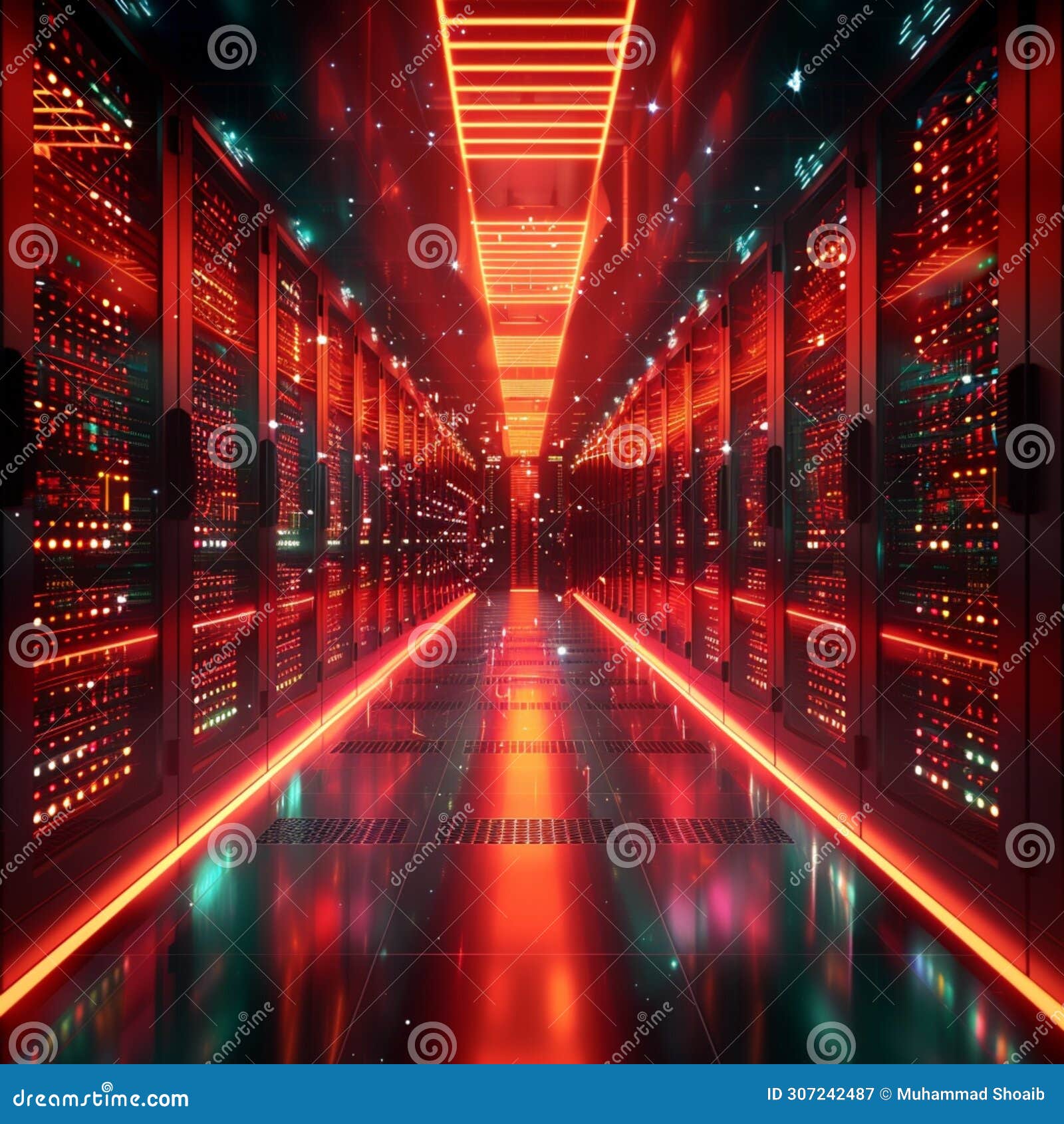 Tech Driven Infrastructure 3D Rendered Server Room with Vibrant Data ...