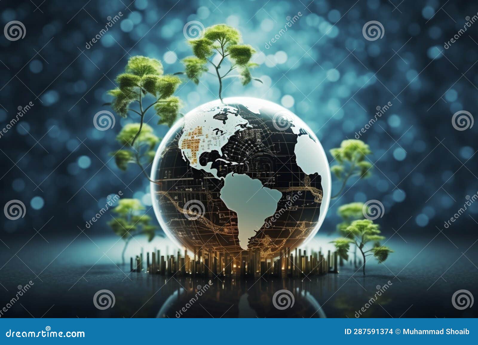 Tech for Earth Tree on Globe, Abstract Blue Backdrop Uniting Ecology ...