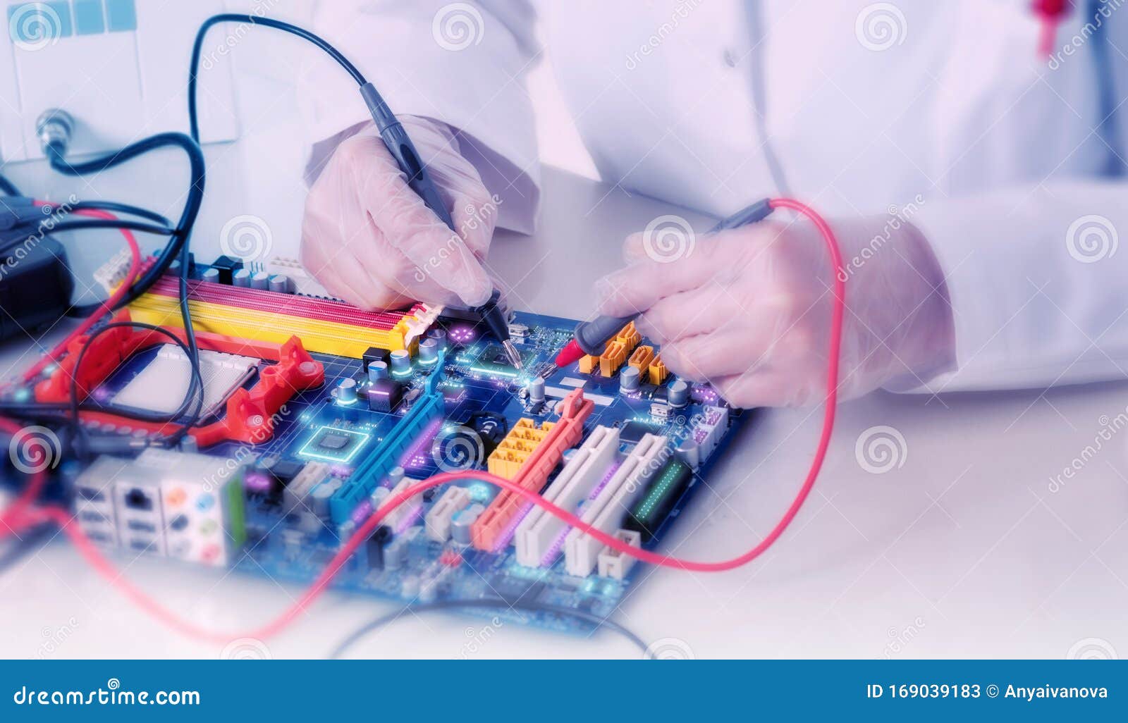 Tech or Engineer Tests Electronic Motherboard in Service Centre ...