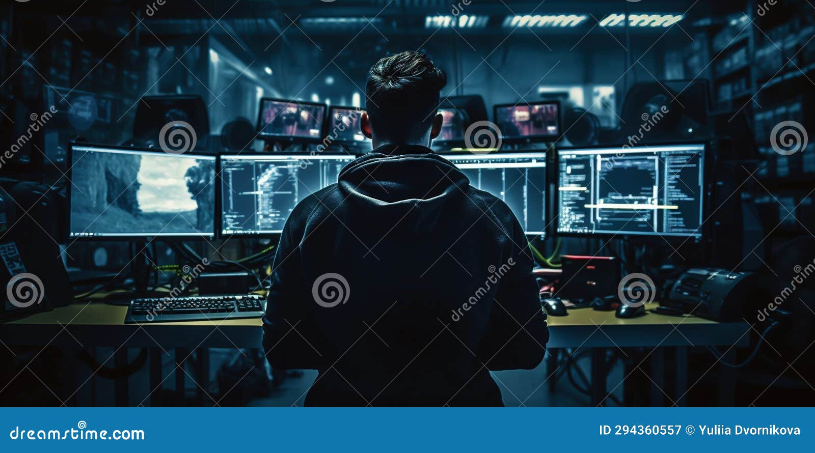 Tech Enthusiast Monitoring Global Data in a Dark Control Room. Hacker ...