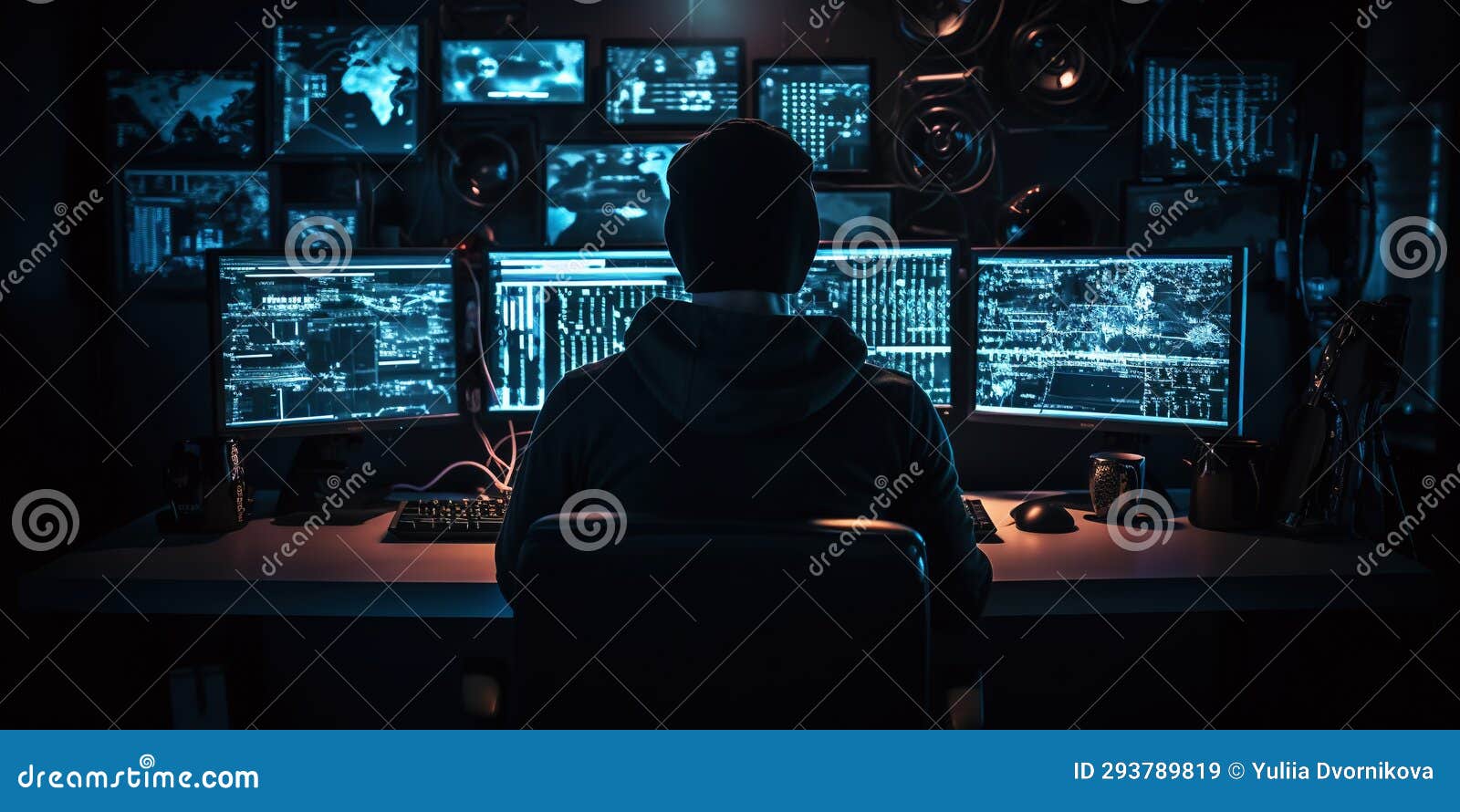 Tech Enthusiast Monitoring Global Data in a Dark Control Room. Hacker Concept Stock Image ...