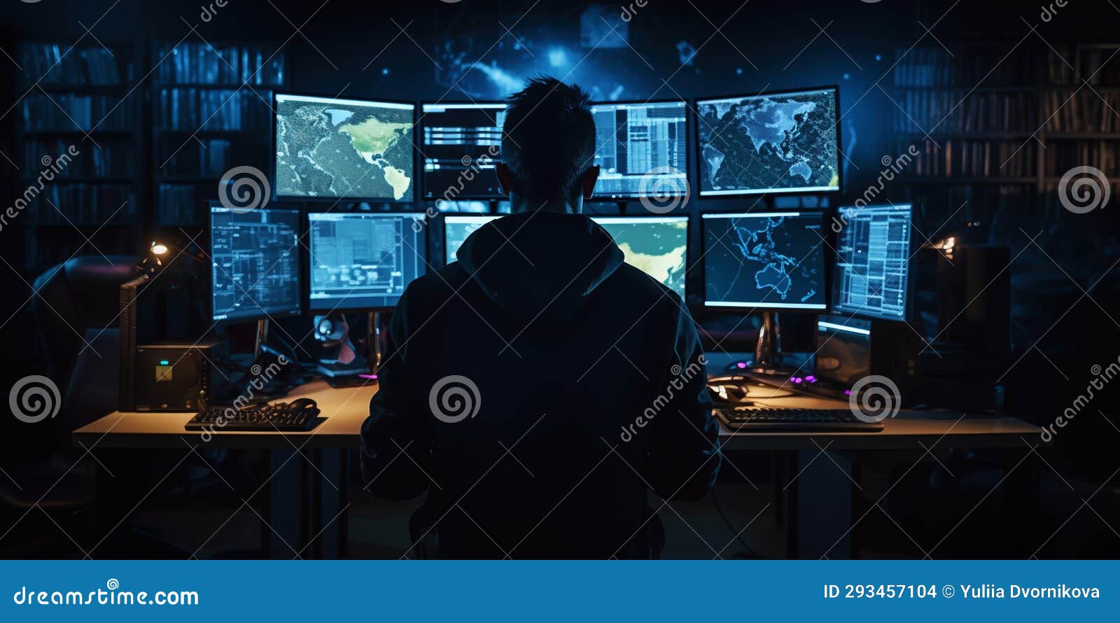 Tech Enthusiast Monitoring Global Data in a Dark Control Room. Hacker Concept Stock Photo ...