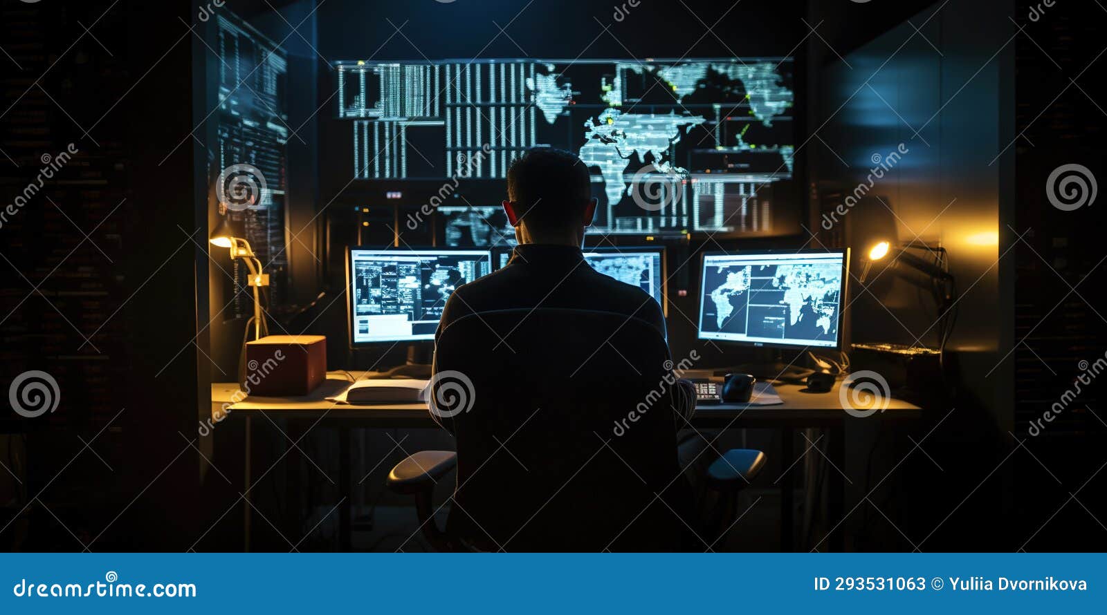 Tech Enthusiast Monitoring Global Data in a Dark Control Room. Hacker Concept Stock Image ...