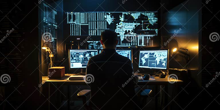 Tech Enthusiast Monitoring Global Data in a Dark Control Room. Hacker Concept Stock Image ...