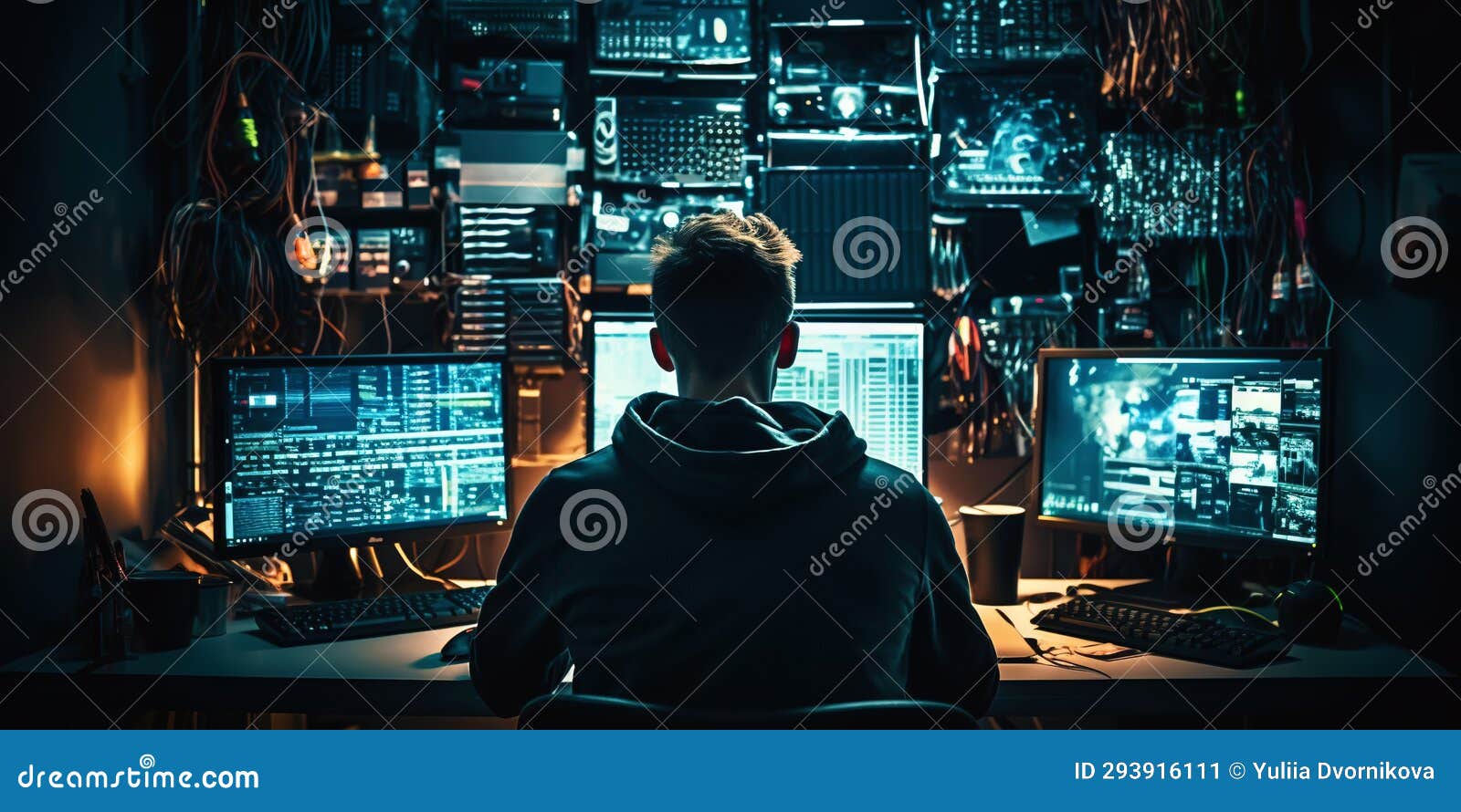 Tech Enthusiast Monitoring Global Data in a Dark Control Room. Hacker Concept Stock Image ...