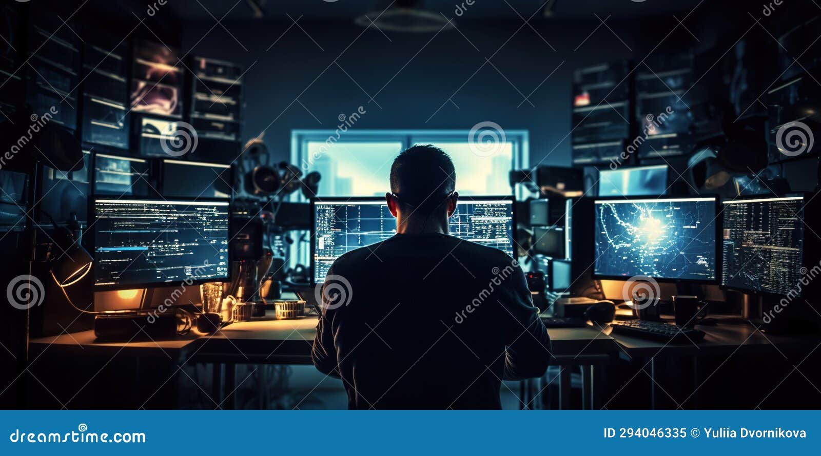 Tech Enthusiast Monitoring Global Data in a Dark Control Room. Hacker Concept Stock Illustration ...