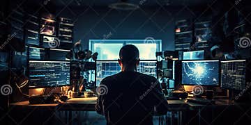 Tech Enthusiast Monitoring Global Data in a Dark Control Room. Hacker Concept Stock Illustration ...