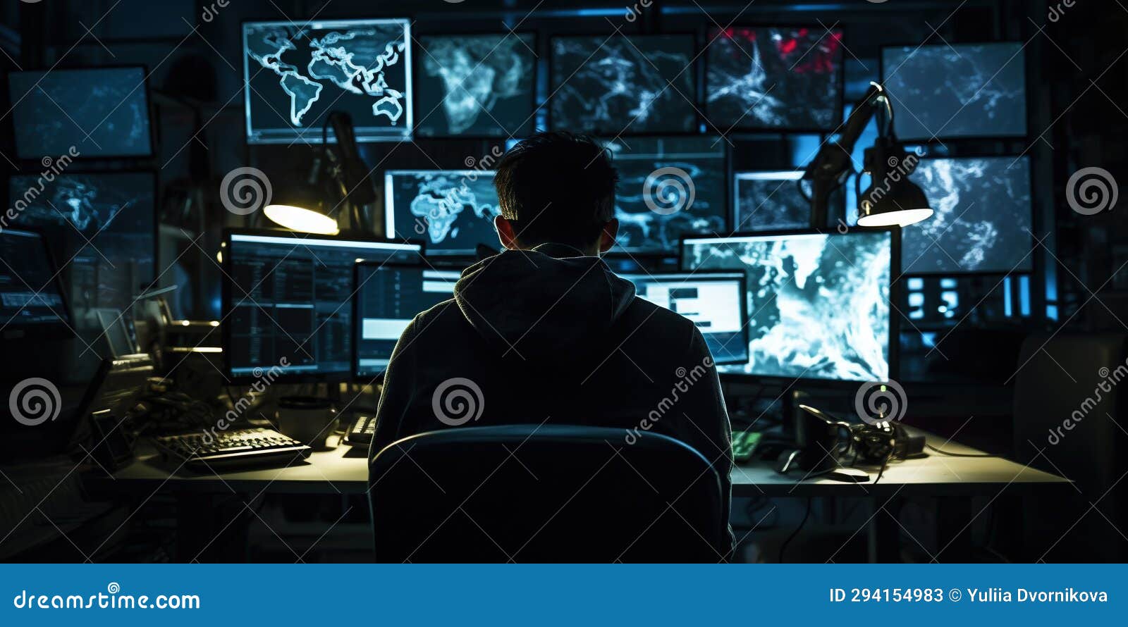 Tech Enthusiast Monitoring Global Data in a Dark Control Room. Hacker ...