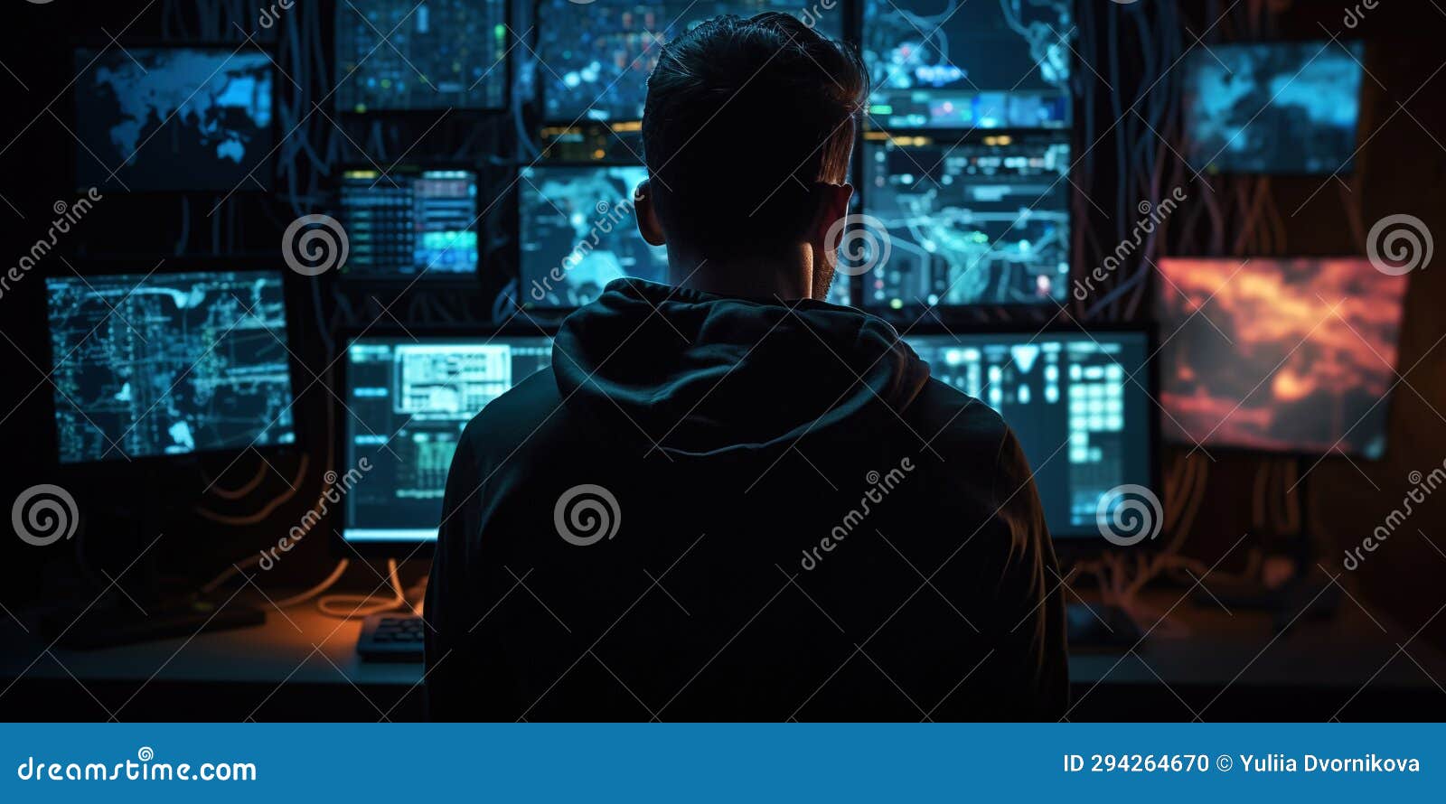 Tech Enthusiast Monitoring Global Data in a Dark Control Room. Hacker Concept Stock Photo ...