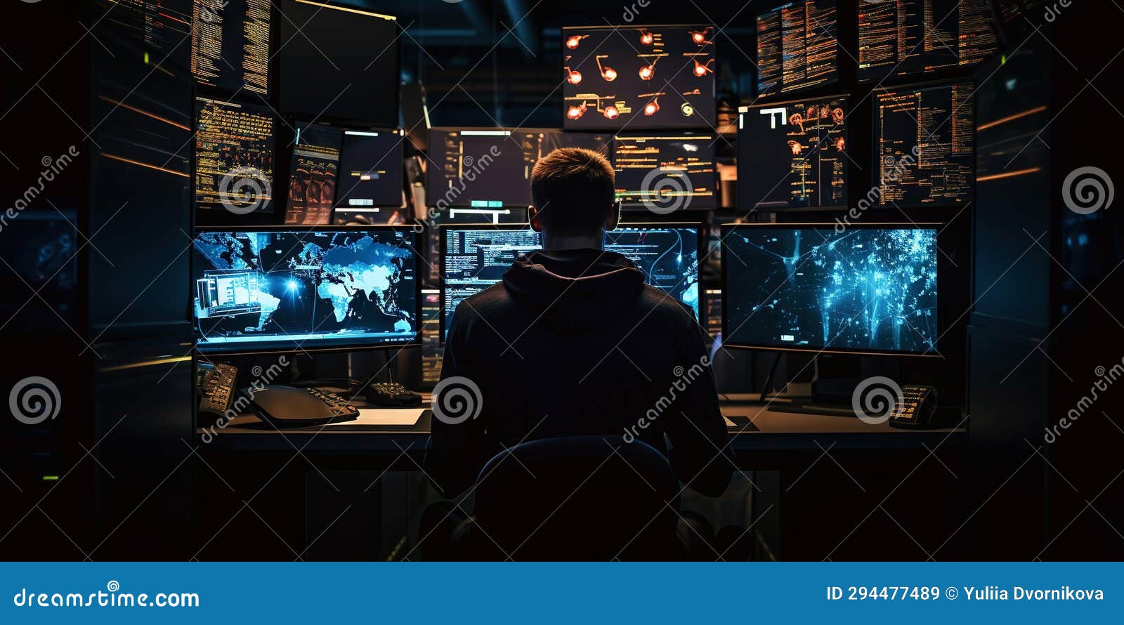 Tech Enthusiast Monitoring Global Data in a Dark Control Room. Hacker Concept Stock Image ...