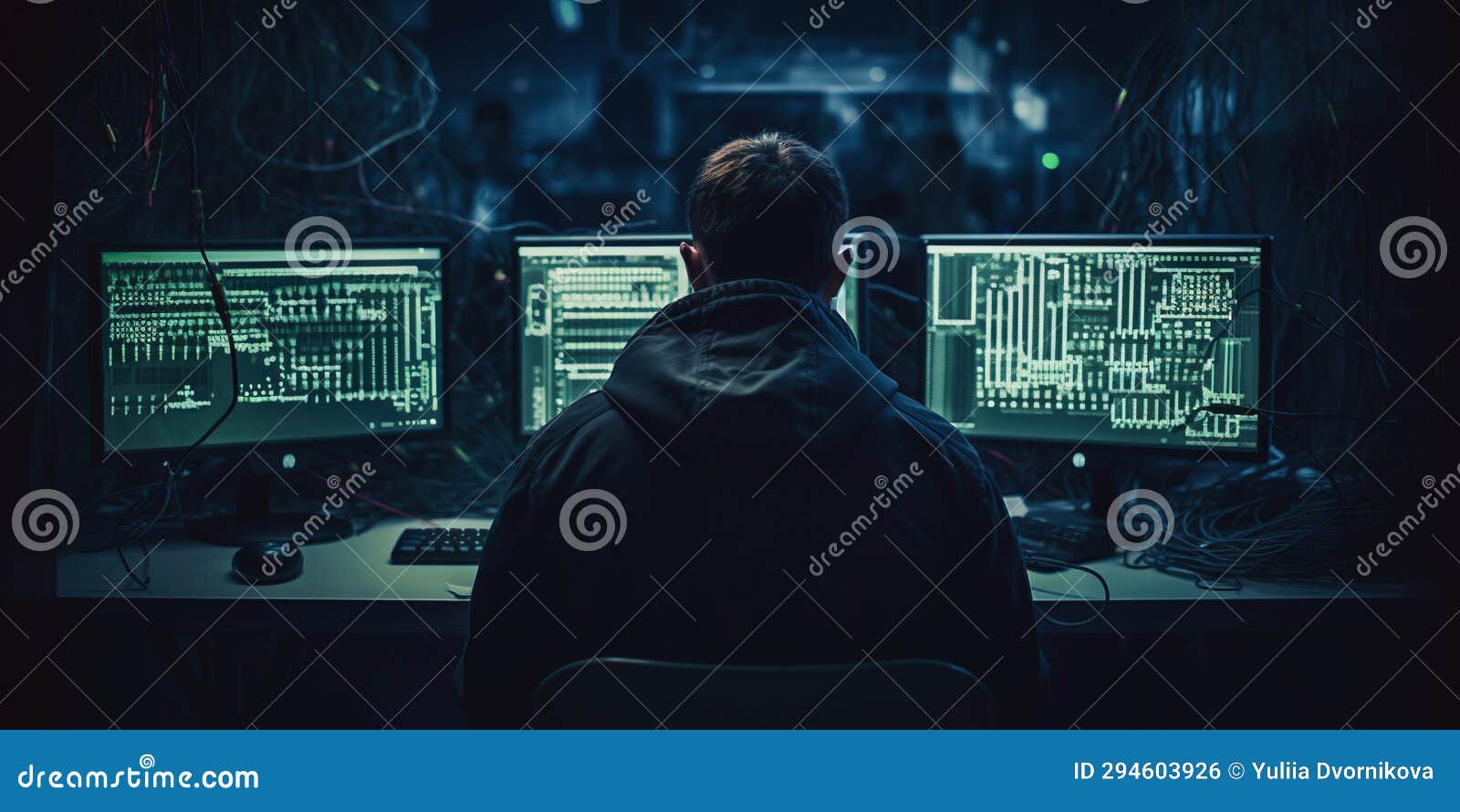 Tech Enthusiast Monitoring Global Data in a Dark Control Room. Hacker Concept Stock Photo ...