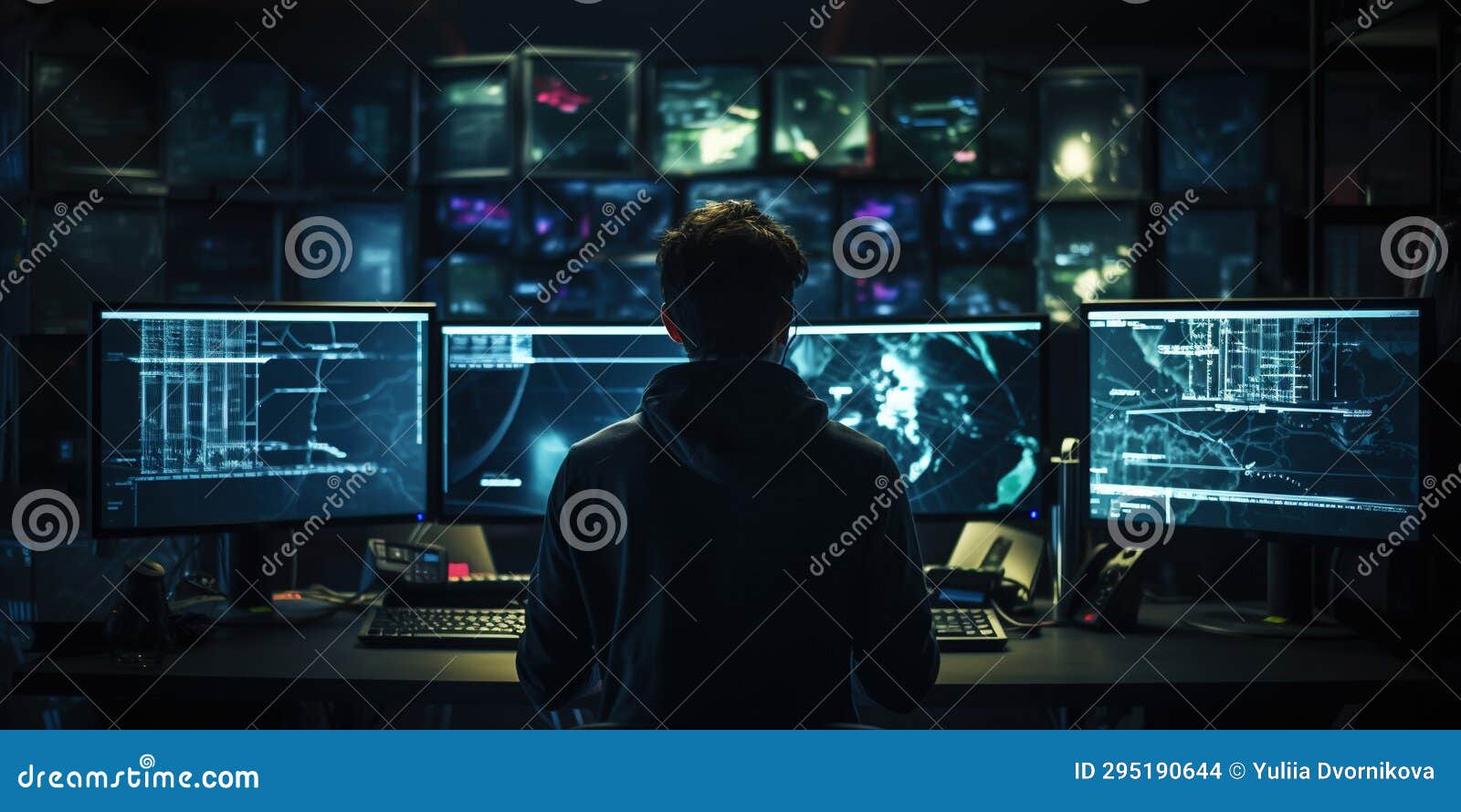 Tech Enthusiast Monitoring Global Data in a Dark Control Room. Hacker Concept Stock Photo ...