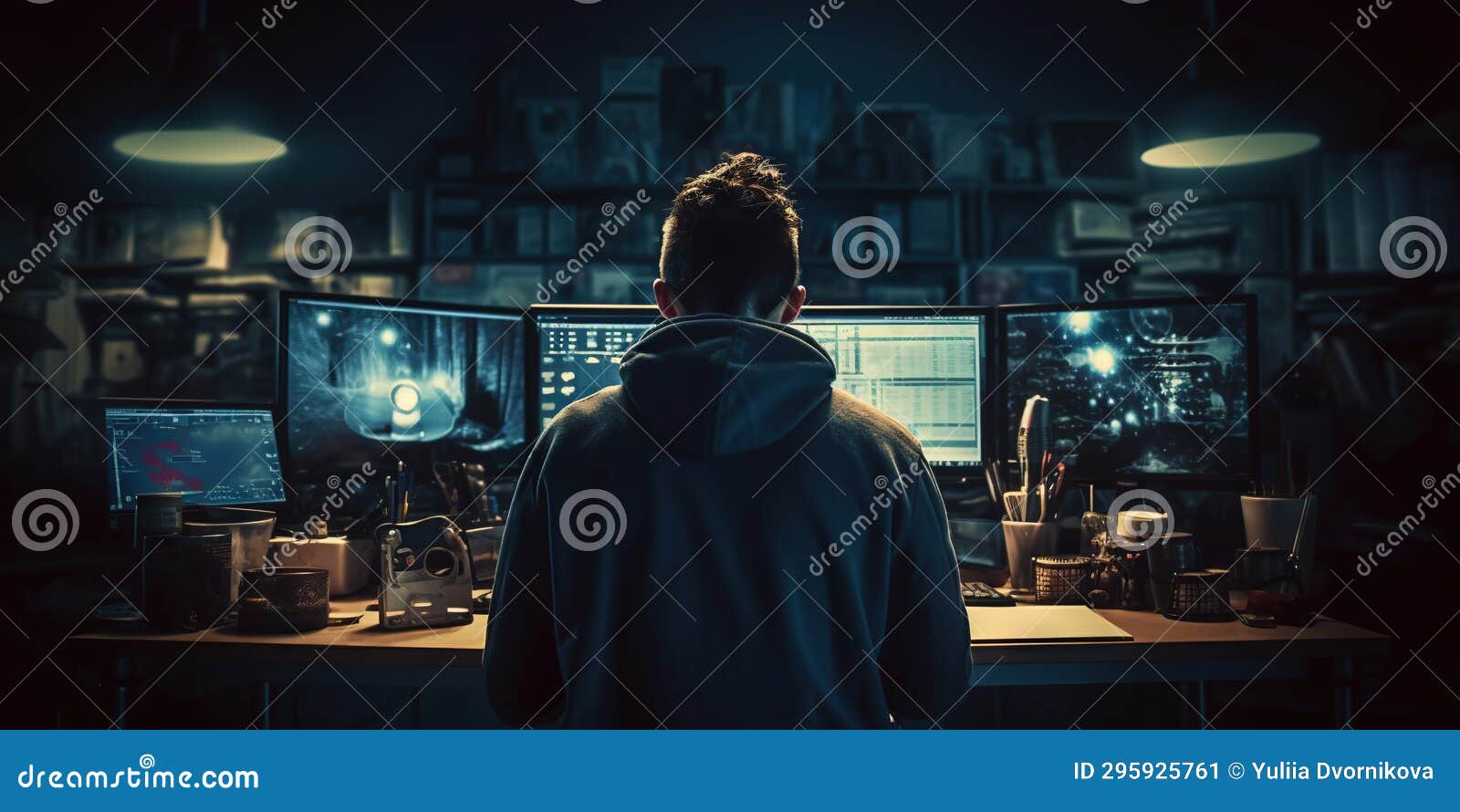 Tech Enthusiast Monitoring Global Data in a Dark Control Room. Hacker Concept Stock Image ...