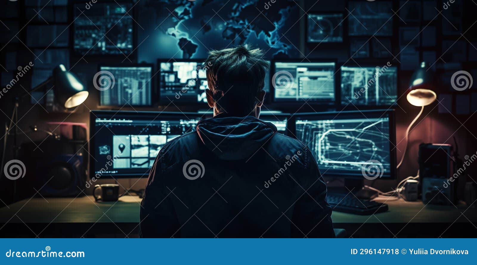 Tech Enthusiast Monitoring Global Data in a Dark Control Room. Hacker Concept Stock Photo ...