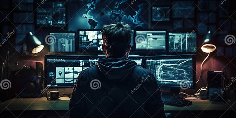 Tech Enthusiast Monitoring Global Data in a Dark Control Room. Hacker Concept Stock Photo ...