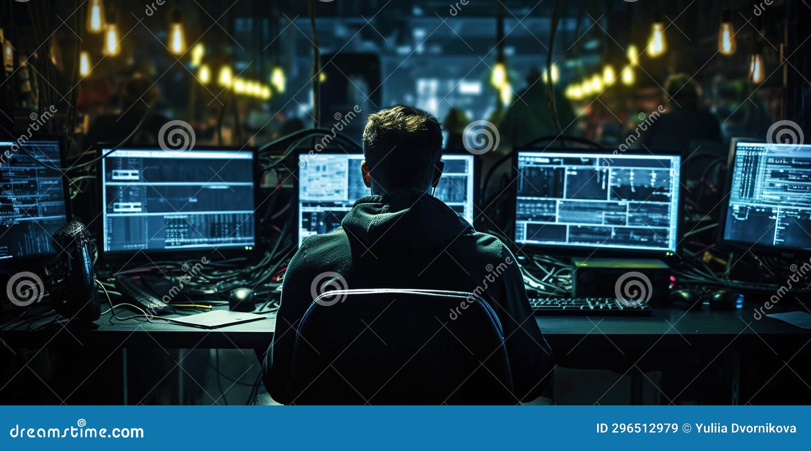 Tech Enthusiast Monitoring Global Data in a Dark Control Room. Hacker Concept Stock Image ...