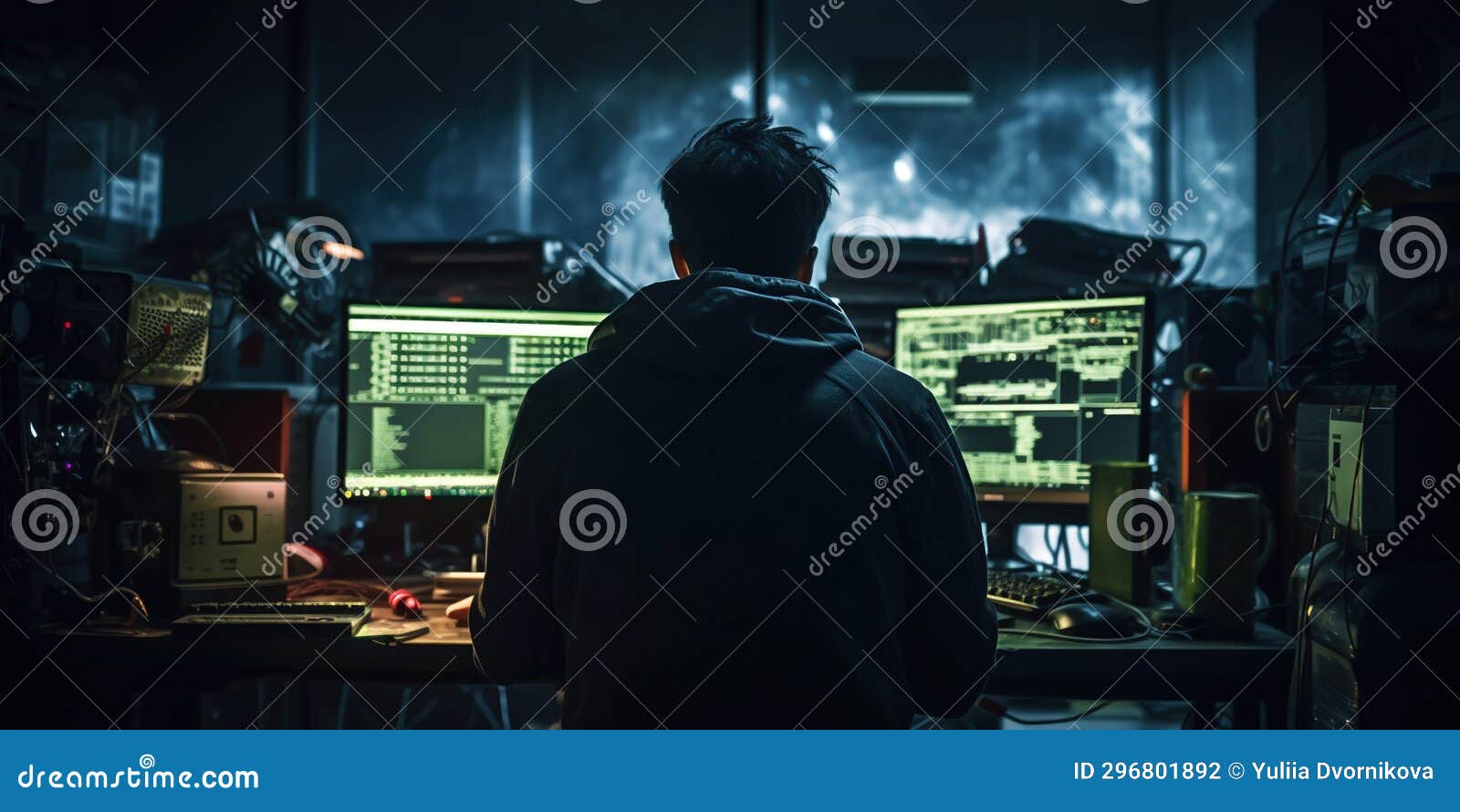 Tech Enthusiast Monitoring Global Data in a Dark Control Room. Hacker Concept Stock Photo ...