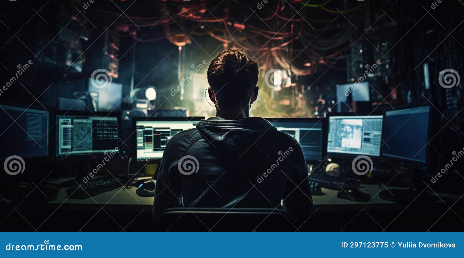 Tech Enthusiast Monitoring Global Data in a Dark Control Room. Hacker Concept Stock Image ...