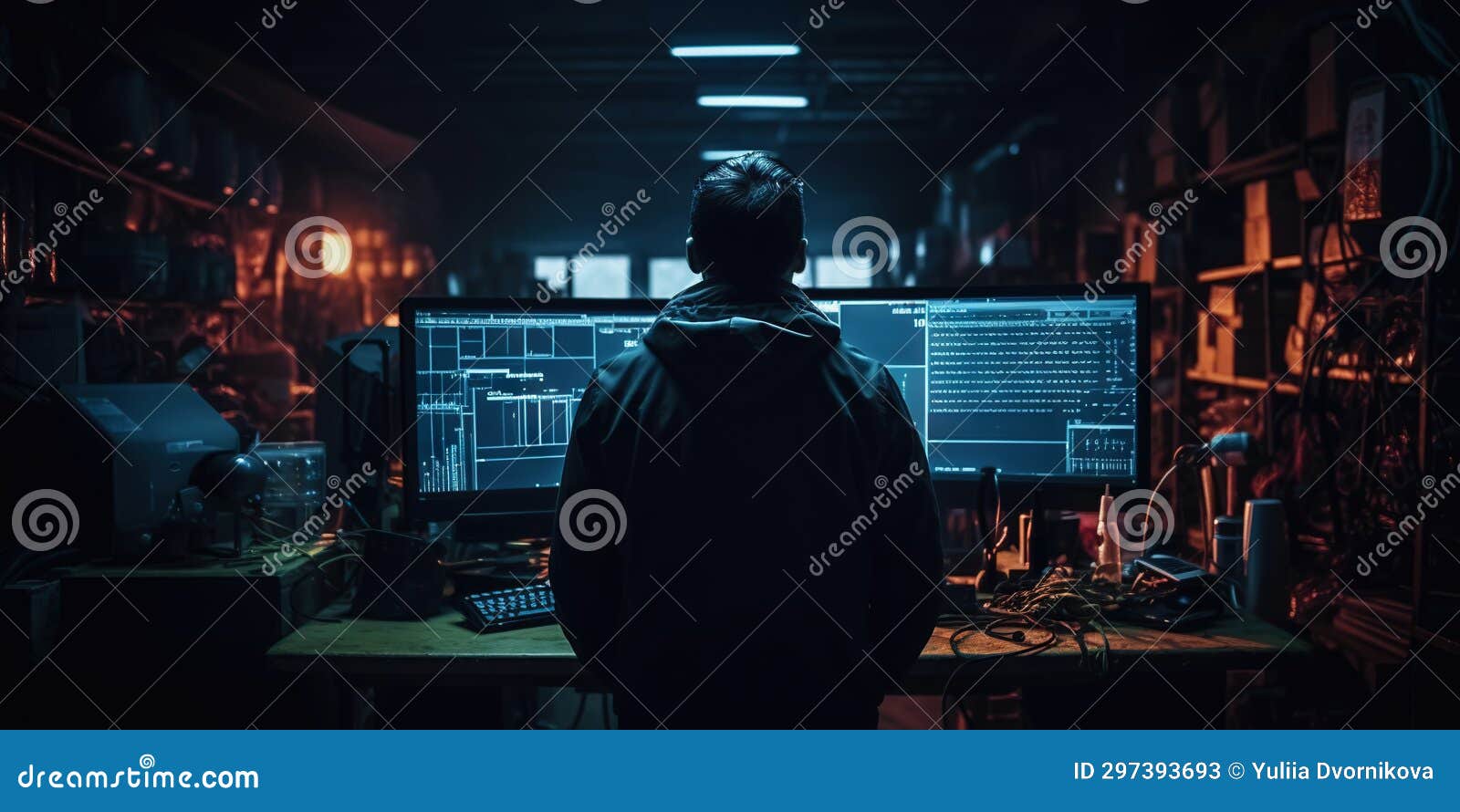 Tech Enthusiast Monitoring Global Data in a Dark Control Room. Hacker Concept Stock Image ...