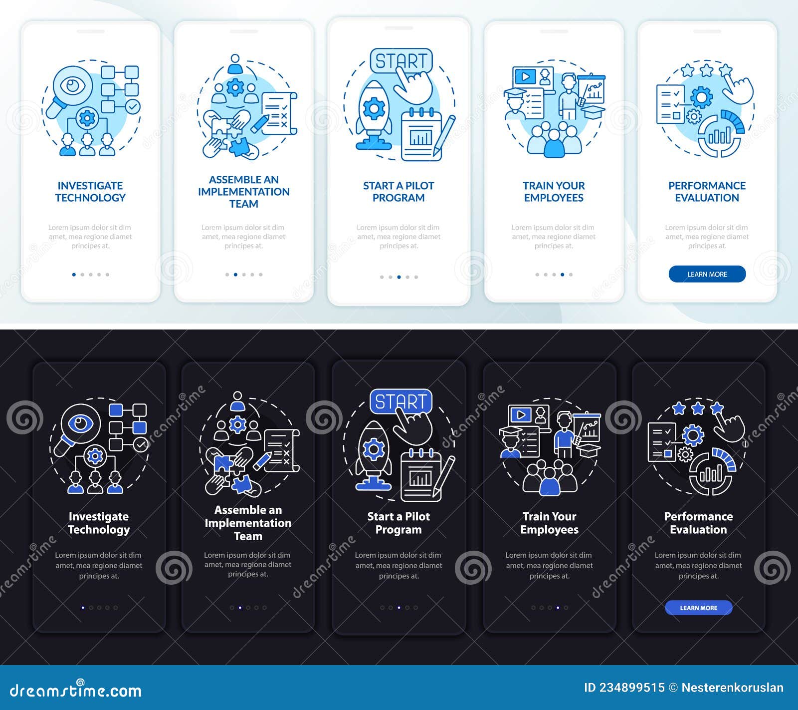 Tech Execution Steps Onboarding Mobile App Page Screen Stock Vector ...