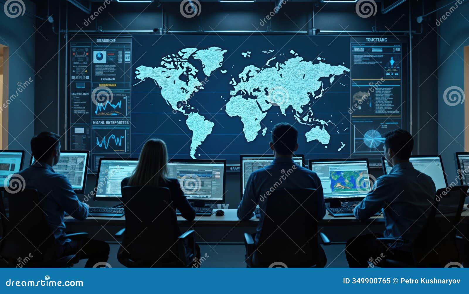 Tech Experts Work in Dark Room. Team Monitors Global Network. Observe ...